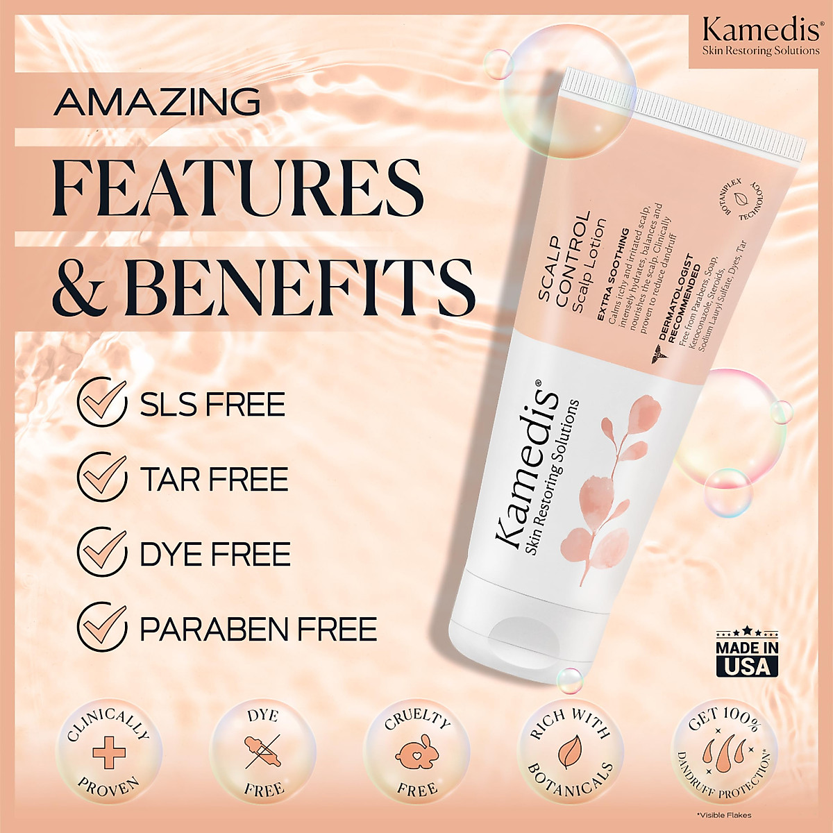 KAMEDIS Moisturizer Scalp Leave-On Botanical Lotion. For Dandruff, Dry, Itchy, Flaky, Seborrheic Dermatitis, Psoriasis and Sensitive Scalp Skin. Over-Night Head Mask, Parabens Free. 3.38 Fl Oz.