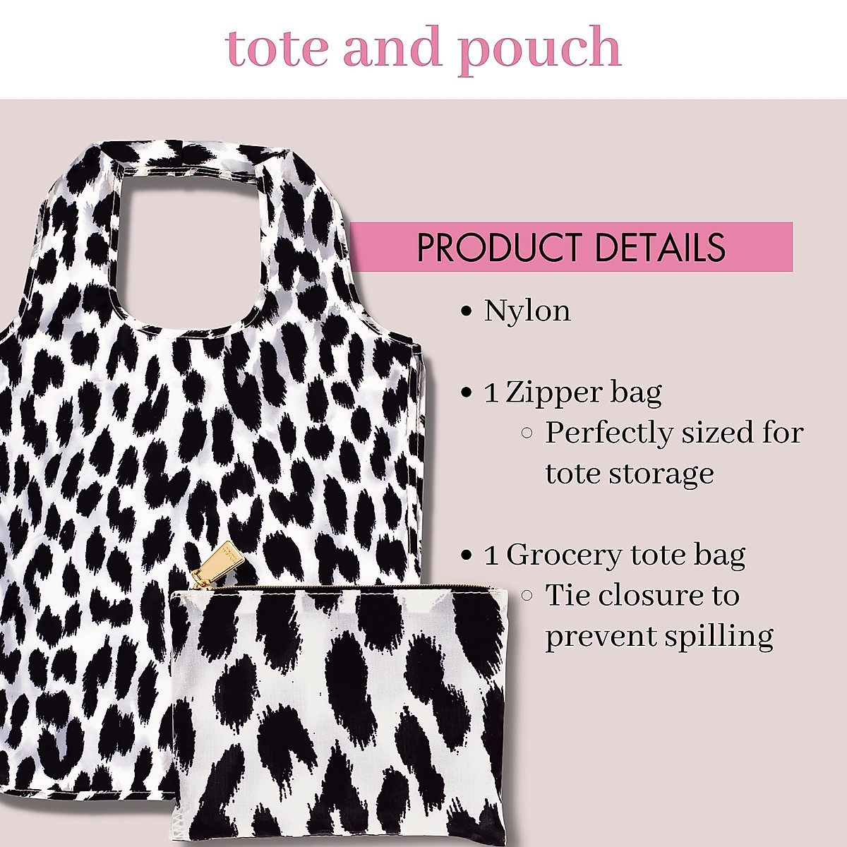 kate spade new york Reusable Produce Bags, Shopping Tote with Zipper Storage Pouch, Lightweight Foldable Grocery Bag (Modern Leopard)