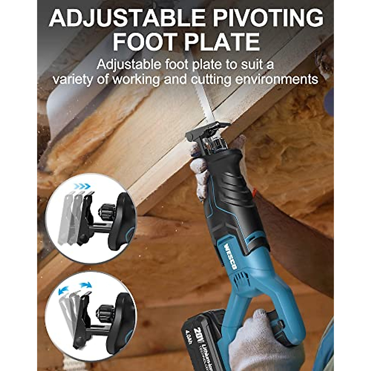 WESCO 20V Cordless Reciprocating Saw, 4.0Ah Li-ion Battery, 0-3000SPM Variable Speed, 3/4" Stroke Length, Recip Saw for Wood Metal PVC Cutting