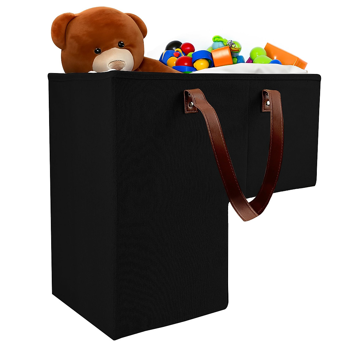 Home Tag Stair Baskets for Carpeted and Wooden Stairs - 16” L x 10” W x 16.5” H Foldable Staircase Basket with Leather Handles, Stair Step Storage Organizer for Home Office Decor (Black)