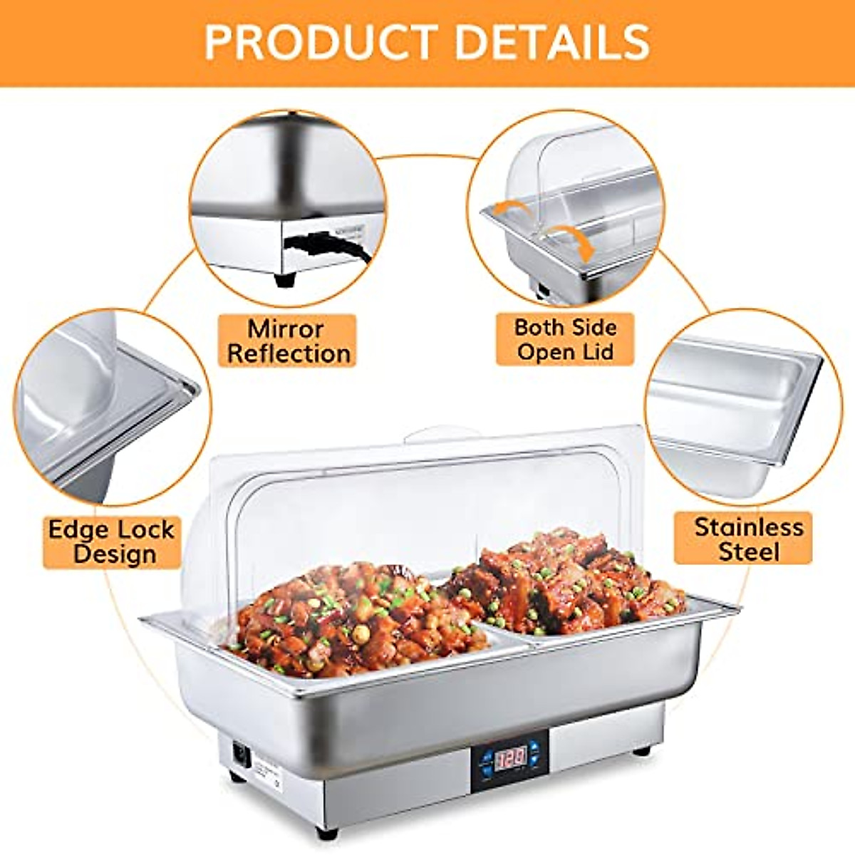 Electric Chafing Dish 9 QT Adjustable 0°C~100°C Roll Top Half Size Auto ShutOff Stainless Steel Buffet Servers and Warmers, Temp Display Programmable Food Warmer Transparent Lid Chafers for Catering