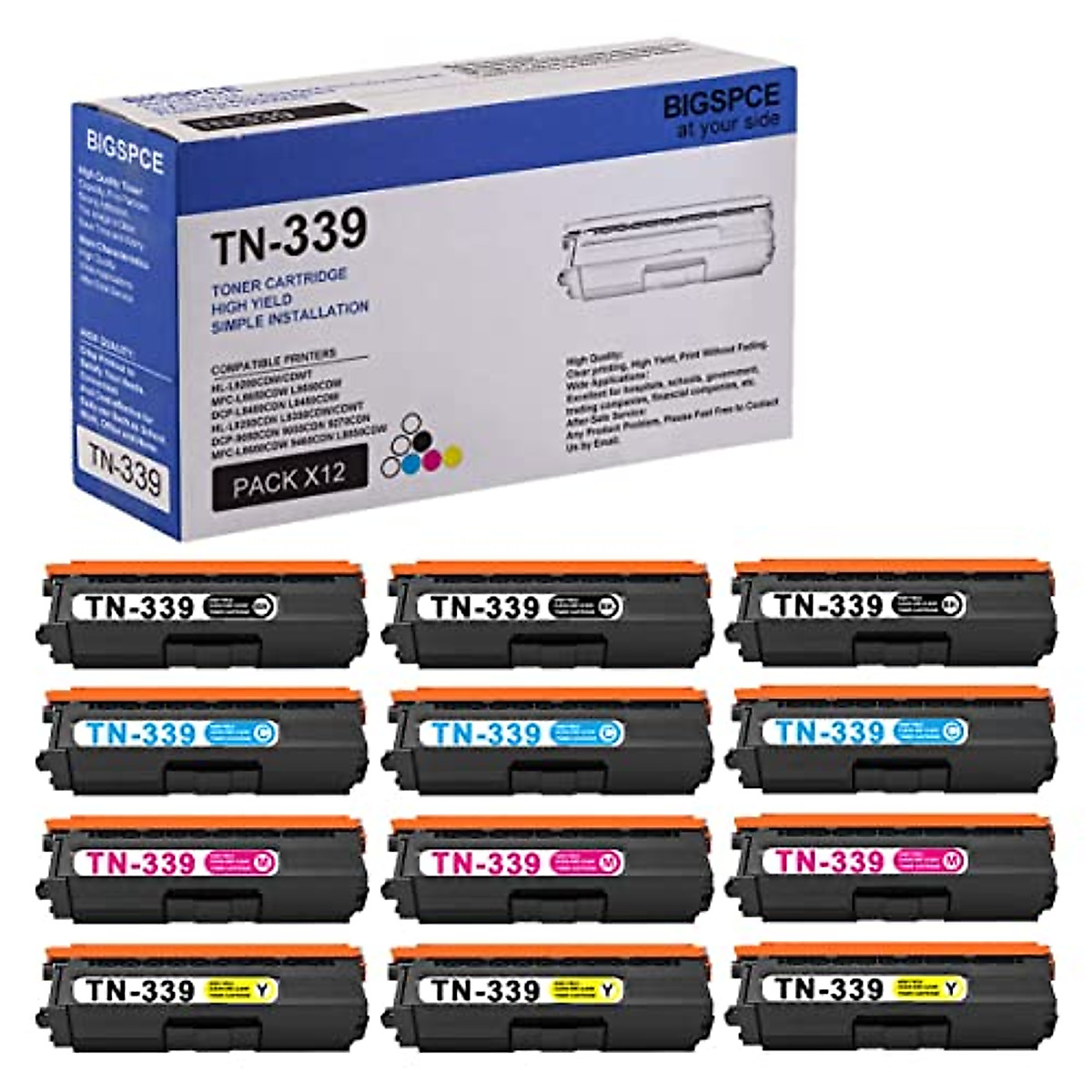 BIGSPCE TN-339 Compatible 12Pack (3BK/3C/3M/3Y) TN339 Super High Yield Toner Cartridge Replacement for Brother HL-L8250CDN L8350CDW/CDWT L9200CDW/CDWT MFC-L8600CDW 9460CDN DCP-9050CDN 9055CDN Printer