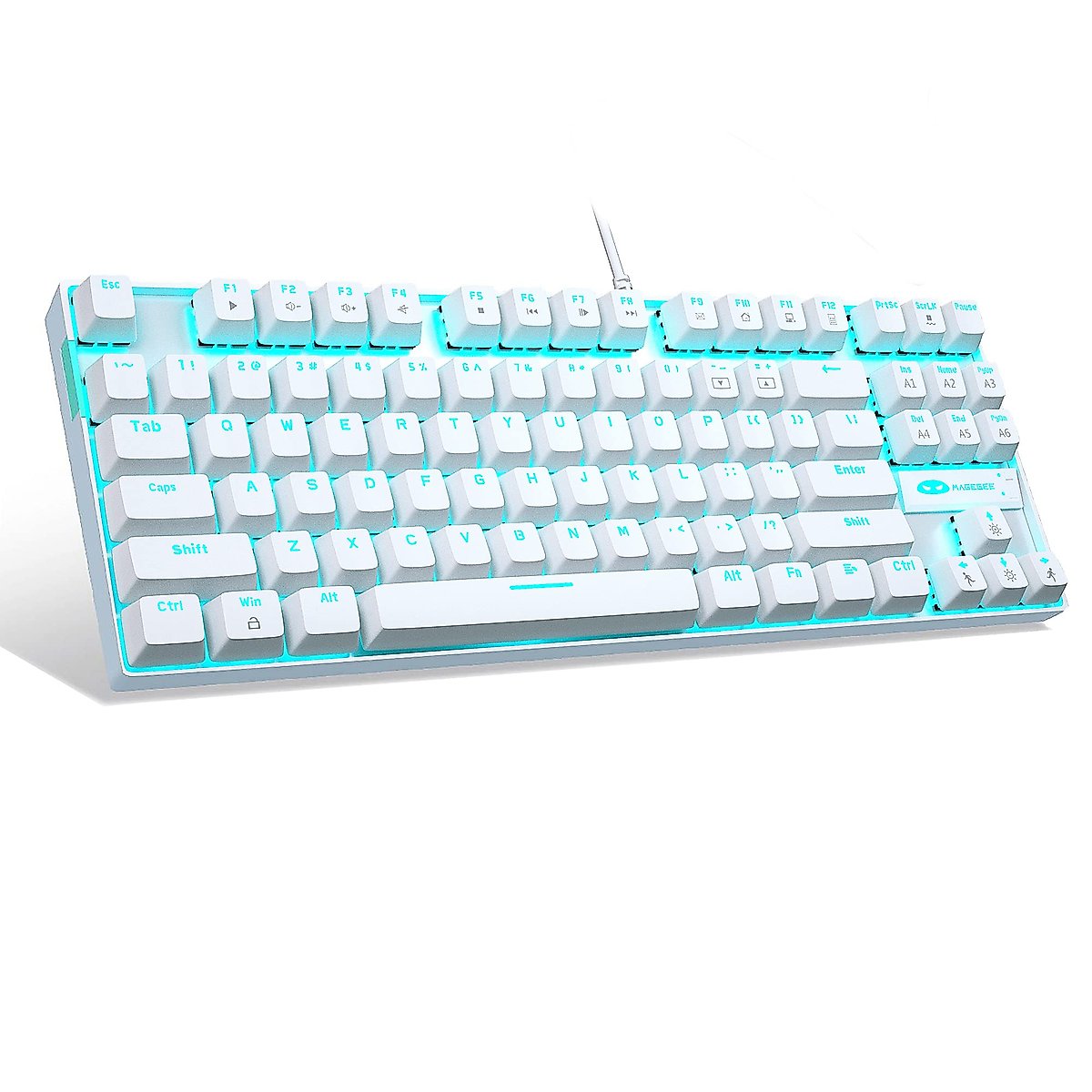 MageGee Mechanical Gaming Keyboard with Blue Switch, Compact 87 Keys Wired Computer Keyboard for Windows Laptop PC Gamer, LED Ice Blue Backlit, White