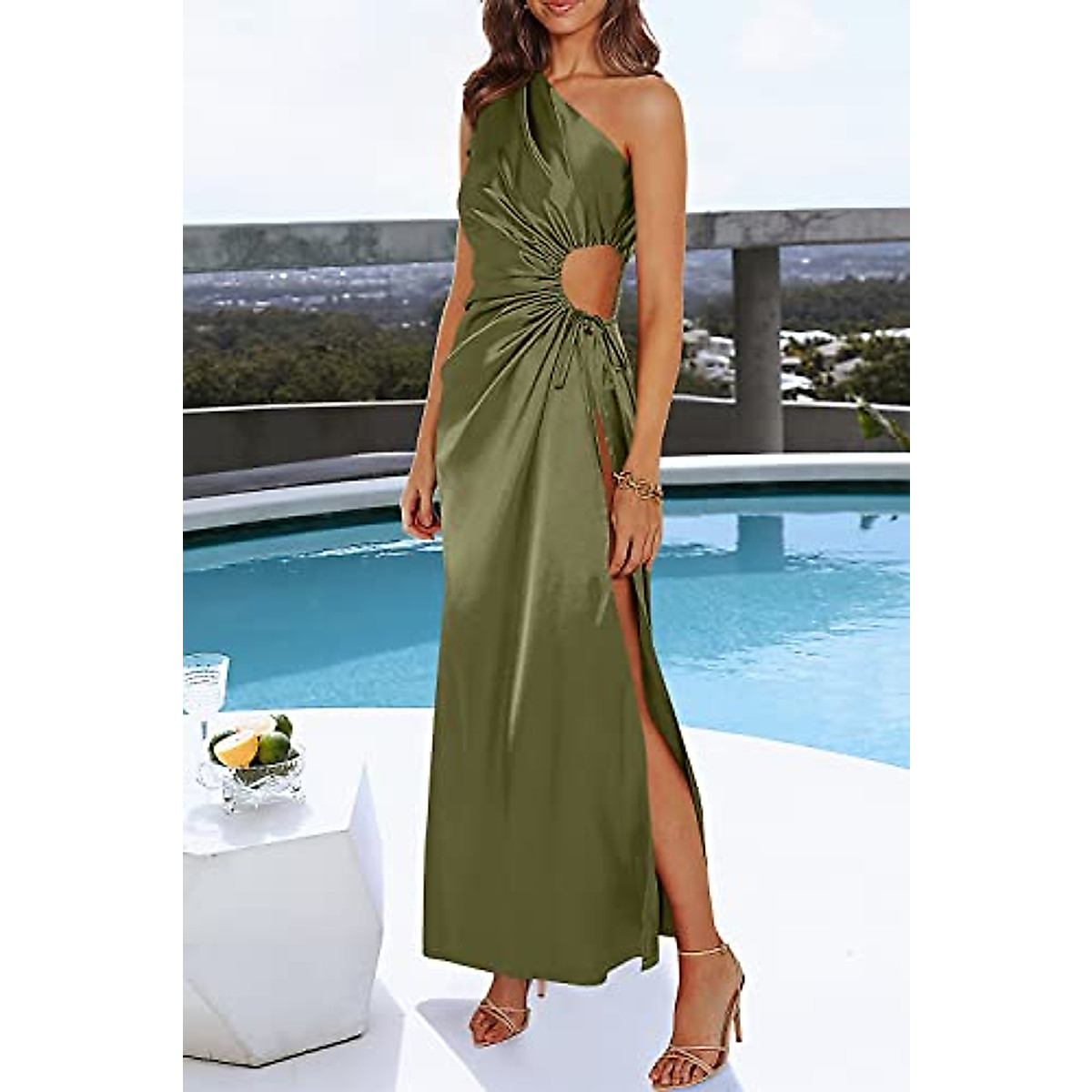 PRETTYGARDEN Women's 2023 Summer One Shoulder Satin Dress Cutout High Split Cocktail Wedding Guest Maxi Dresses (Dark Army Green,Medium)