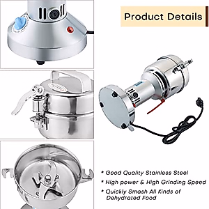 FLKQC High Speed 700g Electric Grain Mill Grinder Powder Machine Spice Herb Grinder 2500W 60-350 Mesh 35000RPM Stainless Steel Commercial Grade for Kitchen Herb Spice Pepper Coffee (700g)