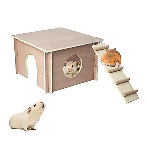 PINVNBY Guinea Pig Hideout Chinchilla Wooden House Hut with Windows Natural Handcrafted Detachable Small Animal Hideout Hut for Hedgehog Rat Hamster Gerbil