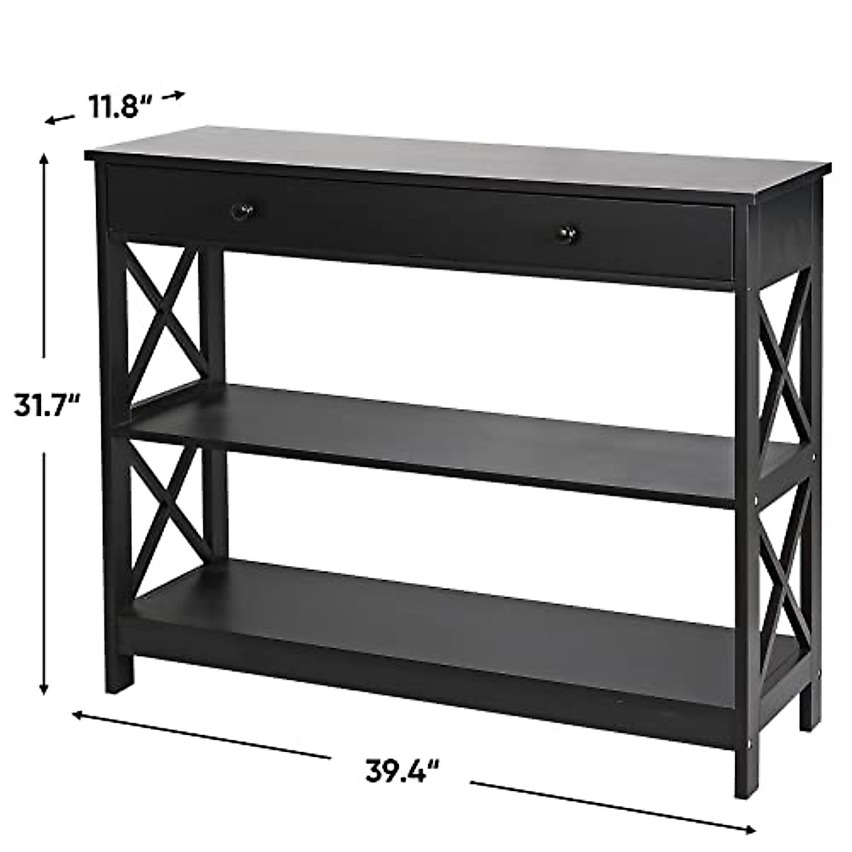 SUPER DEAL 3 Tier Console Table with 1 Storage Drawer Narrow Entryway Accent End Table Sofa Side Table for Living Room Bedroom Couch Hallway, X Frame Design, 39.3 Inch 2 Storage Shelves Black