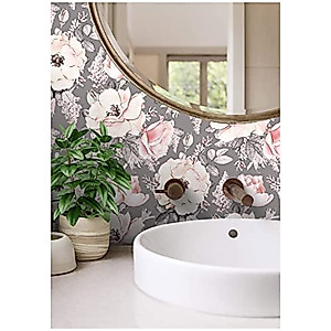 HAOKHOME Floral Peel and Stick Wallpaper Peony Removable Grey/Pink Vinyl Cabinet Self Adhesive Shelf Liner 17.7in x 9.8ft