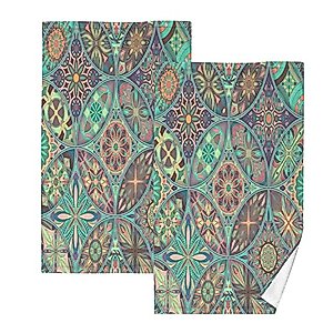 Kigai 2 Piece Vintage Colorful Mandala Hand Towels for Bath Decorative, Pure Cotton Guest Towels Fingertip Towels for Bathroom Spa Gym,16 x 28 inch