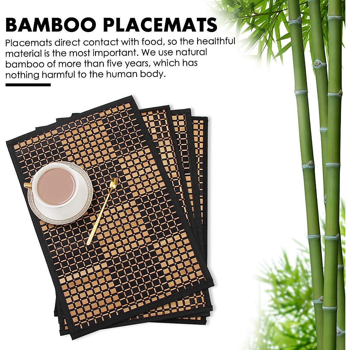 Bamboo Placemats for Dining Table, Placemats Set of 4,Stain-Resistant,Heat-Resistant Place Mats,Durable and Sturdy Dining Place Mats for Kitchen Table (Black)