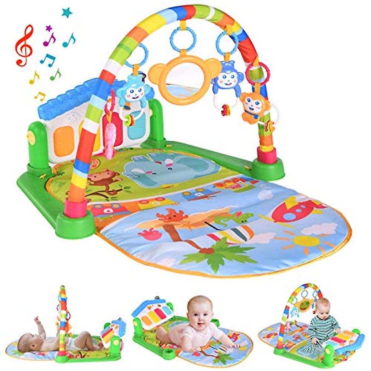 Baby Gym Play Mats with Kick And Play Piano Gym Mat, Baby Jungle Gym Activity Mat with 5 Colorful Infant Toys, Activity Center with Lights Music Mirror for Tummy Time Shower Gifts Baby Toys 3-6 Months