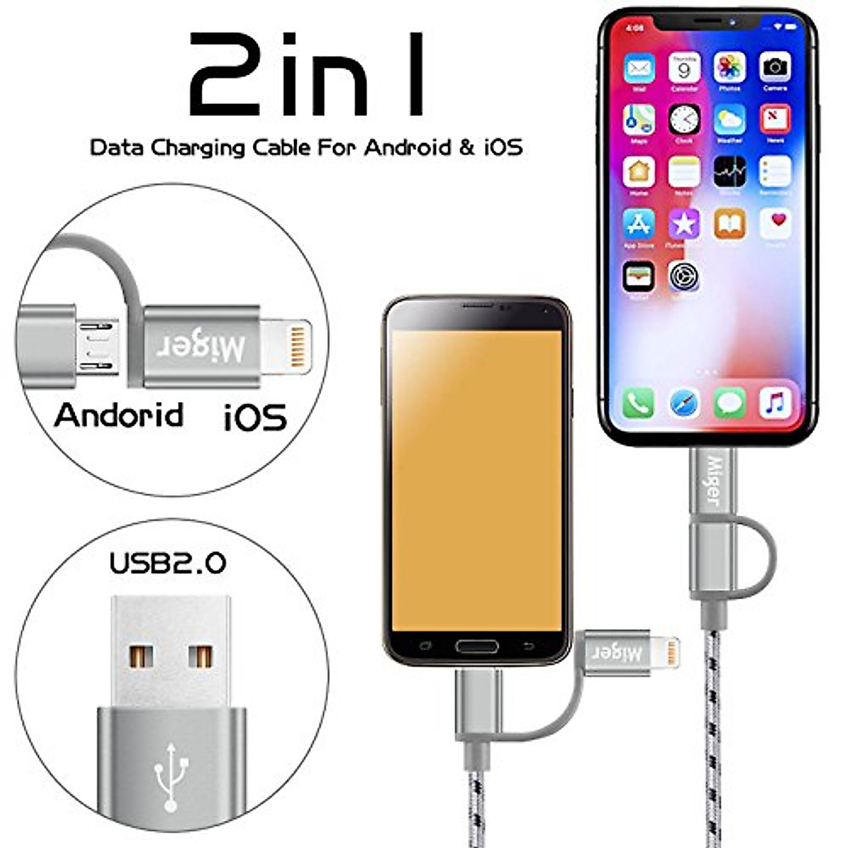 Multi Charging Cable 6.5Ft/2M MFi Certified 2Pack USB A to Lightning/Micro USB Cables 2 in 1 Nylon Braided Charge and Sync Charger Cord for iPhone, iPad/iPod, Huawei, Nexus, Nokia, Sony, HTC & More