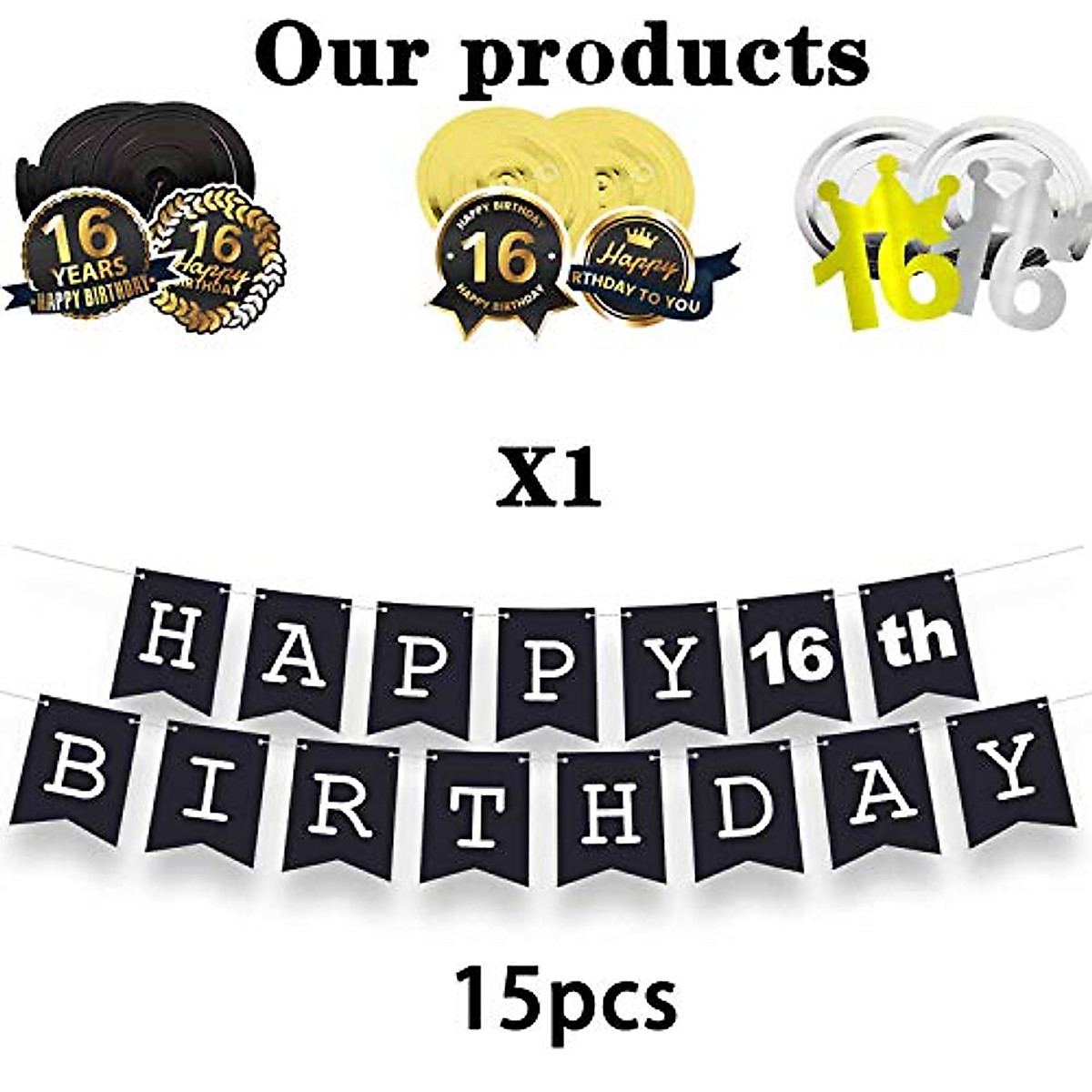 wongmode 16th Birthday Decorations Set - Happy Birthday Theme Swirls Streamers Garland Banner and Cake Topper Cheers to 16 Years Old Party Supplies