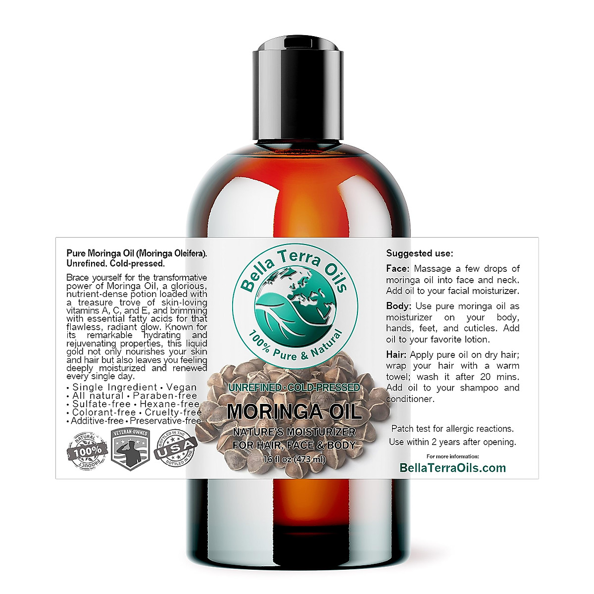 Bella Terra Oils - Organic Moringa Oil 16 oz - Cold-Pressed Mastery, Packed with Vitamins & Antioxidants, Impeccable for Natural Skin Nourishment