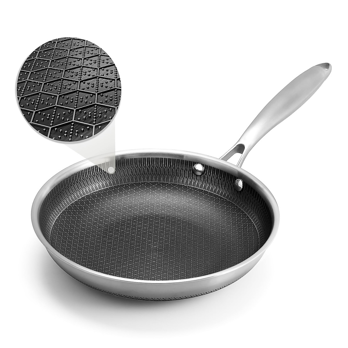 AuFranc® Hybrid Nonstick 9.5 Inch Stainless Steel Frying Pan, Induction Fry Pan with Honeycomb Carving, Non-stick Skillet Suitable for All Cooktops, Stay-Cool Handle, Non-Toxic, Dishwasher & Oven Safe