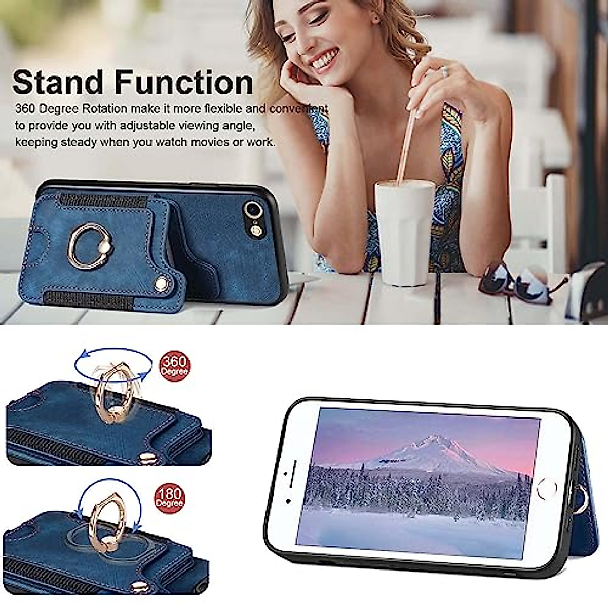 JanCalm for iPhone SE Case 2022/SE 2020 Case,for iPhone 8/7 Case,Card Holder Wallet,Ring Holder Stand,RFID-Blocking,Wrist Strap,Camera Protector,Leather Protective Magnetic Flip Cover (Blue)