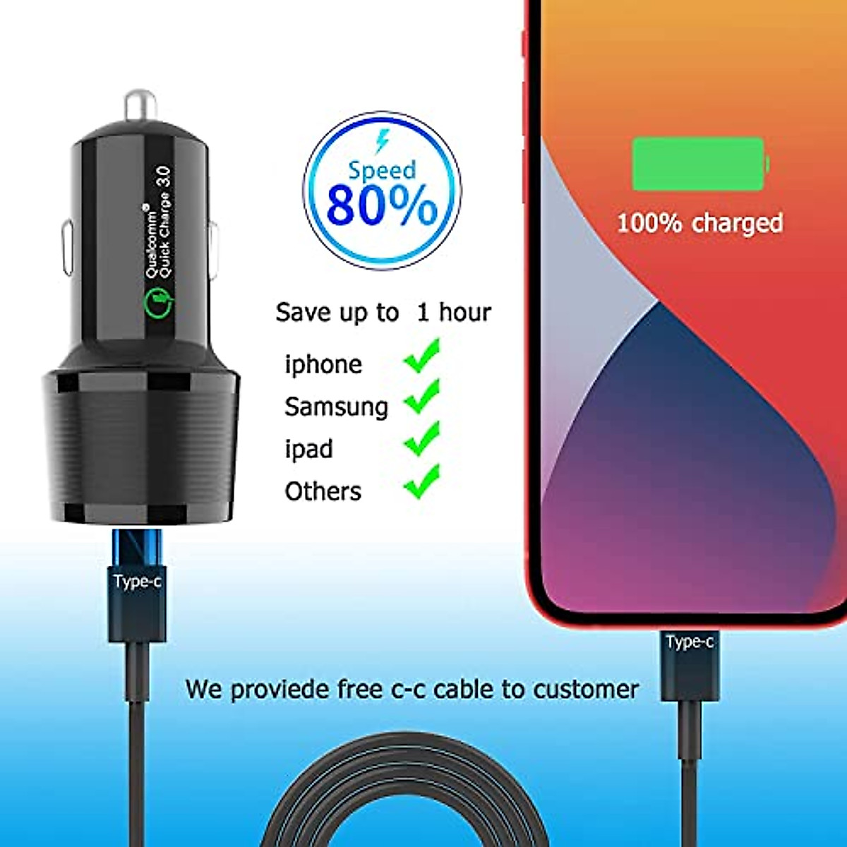 Fast Car Charger, USB C Car Charger 38W Car Charger Adapter PD3.0&QC3.0 with 2Pack Lightning Cable Quick Car Charging Compatible with iPhone 14 Pro Max/14 Plus/13 Pro Max/12
