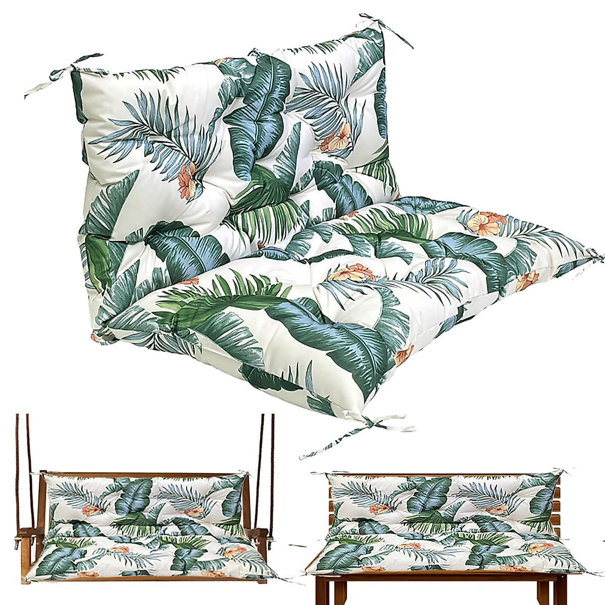 Gollense Porch Swing Cushions, 3 Seat Outdoor Swing Cushion Replacement with Backrest, 60 x 40 x 4 Inches Bench Cushion with 8 Ties for Outdoor Furniture for Patio, Backyard, Garden, Hawaii