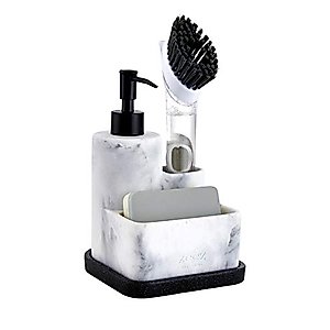 ZCCZ White Soap Dispenser with Sponge Holder, Kitchen Soap Dispenser Pump, Sponge Caddy and Brush Holder 3 in 1 Set Organizer for Sink Countertop, Removable Tray, Marble Look
