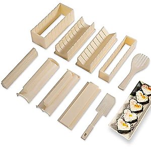 Sushi Making Kit Deluxe Edition with Complete Sushi Set 10 Pieces Plastic Sushi Maker Tool Complete with 8 Sushi Rice Roll Mold Shapes Fork Spatula DIY Home Sushi Tool (Off-white)