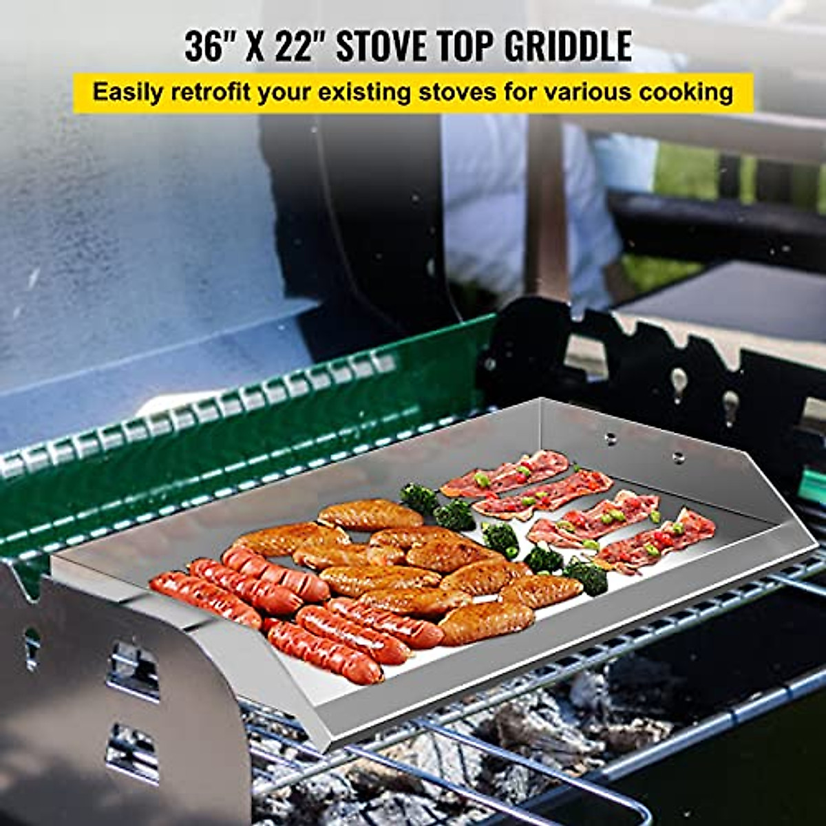 VEVOR Stainless Steel Griddle,36" x 22" Universal Flat Top Rectangular Plate, BBQ Charcoal/Gas Non-Stick Grill with 2 Handles and Grease Groove with Hole，Grills for Camping, Tailgating and Parties