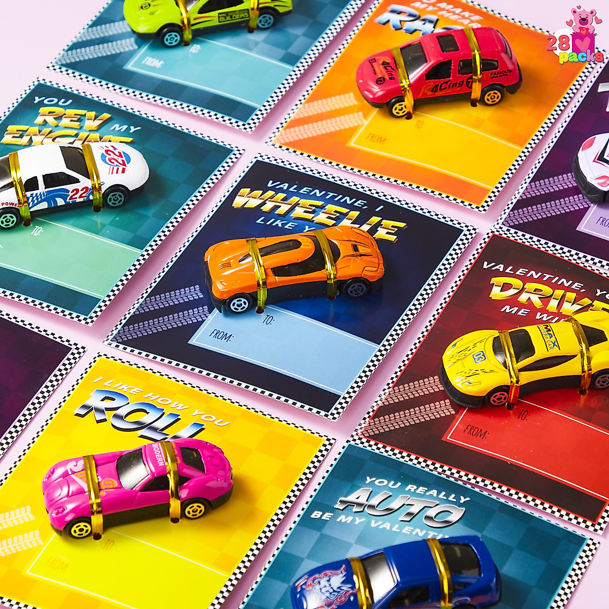 JOYIN 28-Count Valentines Day Gifts Cards, Valentine's Greeting Cards for Kids with Die-Cast Racing Cars Valentine Classroom Exchange Party Favor Toy