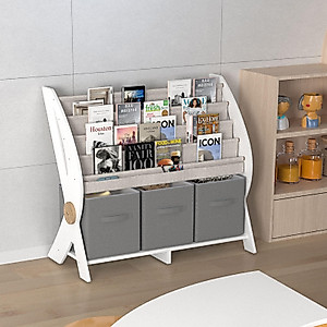 HedoAjim Kids Bookshelf Small 4 Sling Wood Book Rack Kids Room Bookcase Display Stand with 3 Toy Storage Organizer Cube Bins Children Toddler Baby Gift Boys Girls Bedroom Playroom Nursery