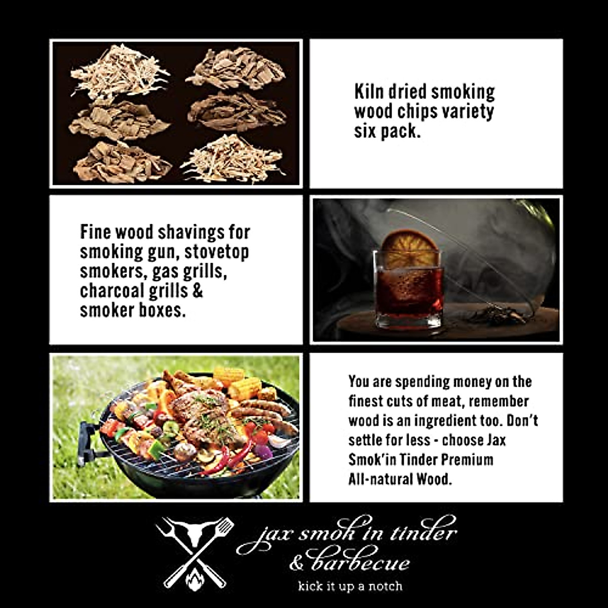 Jax Smok'in Tinder Fine BBQ Smoker Wood Chips - Sampler Pack for Electric Smokers, Indoor Stove Top Smoker, 6 Packs of Scented Chips, BBQ Accessories (Apple, Post Oak, Pecan, Hickory, Cherry, Maple)