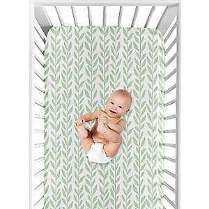 Sweet Jojo Designs Green and White Leaf Floral Girl Baby or Toddler Nursery Fitted Crib Sheet - Boho Farmhouse Sunflower Collection