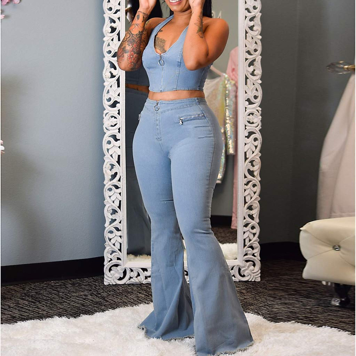 SERYU Tracksuit Womens Button Zipper Pocket Jeans Casual Denim Flares Sexy Set Tops Pants Suit