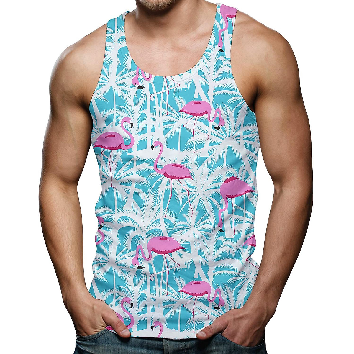 RAISEVERN Mens Flamingo Tank Top Sleeveless Palm Tree Tee Shirt Muscle Gym Workout Hawaiian Tropical Graphic Tops Summer Holiday Beach Rave T-Shirt Pink