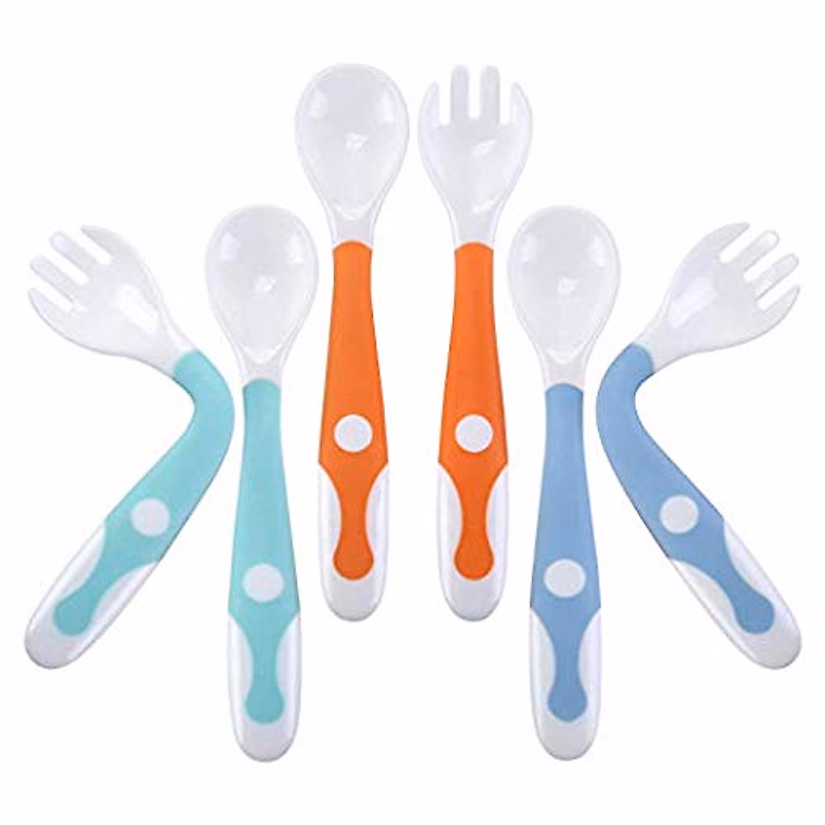 Baby Utensils Spoons Forks 3 Sets, Cute Stone Toddlers Feeding Training Spoon and Fork Tableware Set Easy Grip Heat-Resistant Bendable BPA Free Great Self-Feeding Learning Spoons Forks for Kids