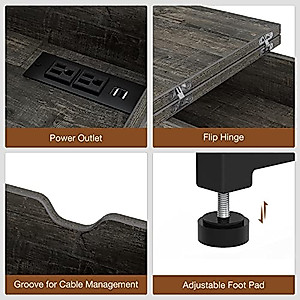 Rolanstar End Table with Charging Station, Narrow Nightstand, Flip Top Side Table with USB Ports and Storage Shelves for Small Spaces, Living Room, Bedroom, Grey