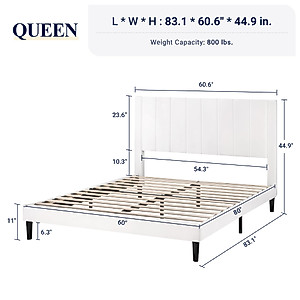 Allewie Queen Bed Frame/Velvet Upholstered Bed Frame with Vertical Channel Tufted Headboard/Strong Wooden Slats/Platform Bed Frame/Mattress Foundation/Box Spring Optional/Easy Assembly/White