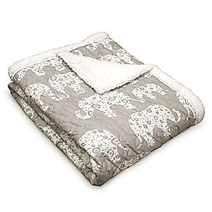 Lush Decor Elephant Parade Throw Fuzzy Reversible Sherpa Blanket, 60” x 50”, Gray