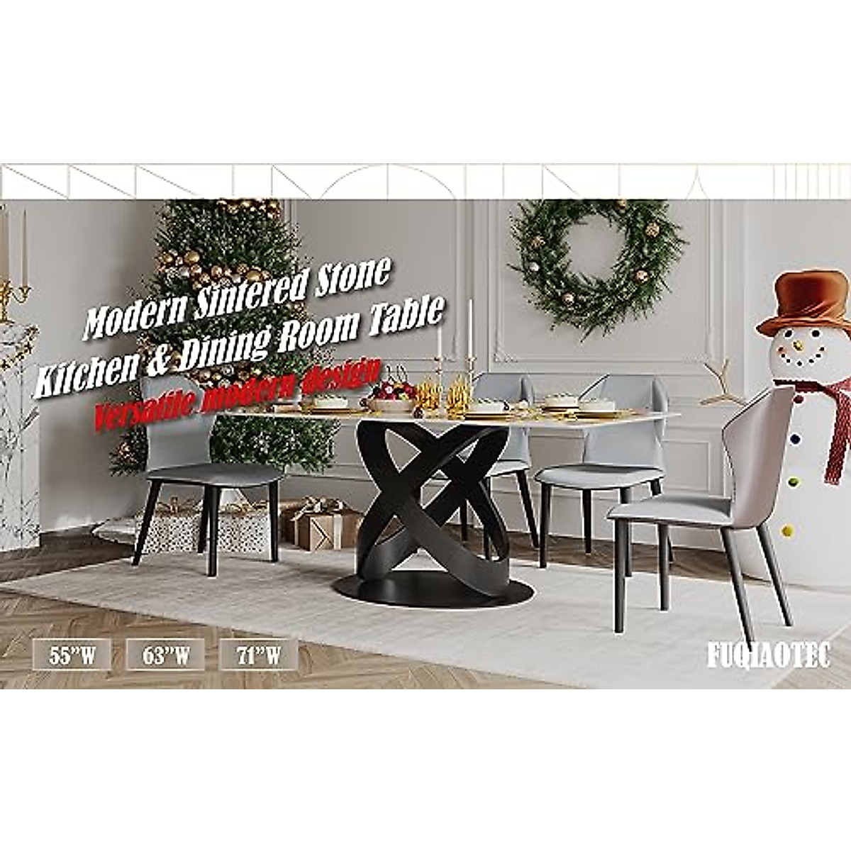 Modern Dining Table, Sintered Stone Tabletop Dining Room Table for Up to 8, Simple Retro Art, Rounded Corner Design, Solid Black Carbon Steel Base, 71"