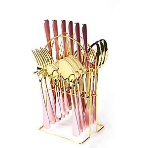 Mgiahekc Hanging Silverware Set, 24 Pieces Stainless Steel Cutlery Set With Stand, Household Flatware Set, Painted Handles Comfortable And Durable, Mirror Polished Easy To Clean,Pink