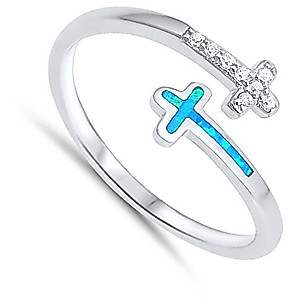 White CZ Blue Simulated Opal Open Cross Ring New .925 Sterling Silver Band Size 8