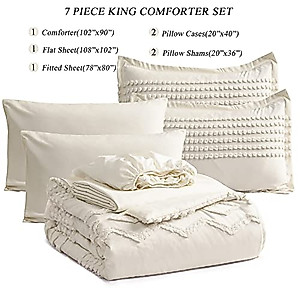 KAKIJUMN White Tufted Comforter Set King Size 7 Piece Bed in a Bag, Shabby Chic Boho Comforter and Sheet Set, Pom Pom Textured Bed Set, All Season Soft Microfiber Complete Bedding Set(White,King)