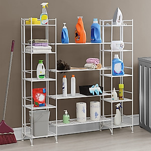Convenience Concepts Xtra Storage Shelves - 5 Tier Folding Metal Shelving with Set of 4 Deluxe Extension Shelves - Modern Shelves for Storage and Display in Living Room, Bathroom, Office, White