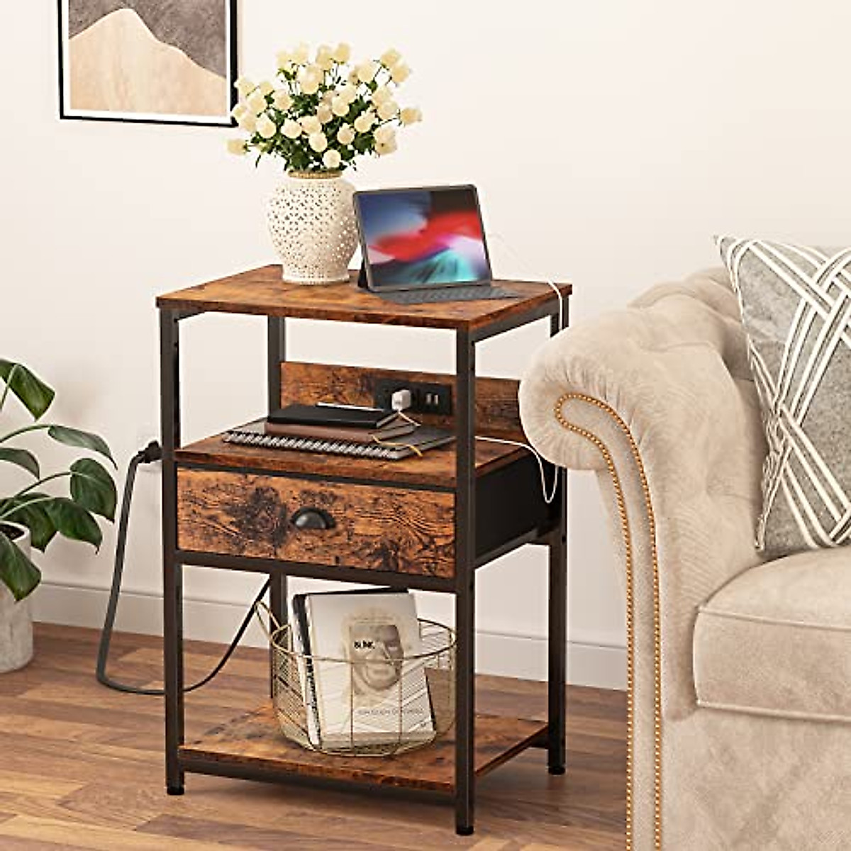 Furologee Nightstand with Charging Station, End Table with USB Ports&Power Outlets, 3-Tier Storage Shelf Tall Bedside Table, Industrial Side Table with Fabric Drawer for Bedroom/Living Room/Study