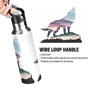Kigai Cute Wolf Stainless Steel Sports Water Bottle BPA-Free Vacuum Insulated Leakproof Wide Mouth Flask with Straw Lid Keeps Liquids Cold or Hot for Gym Travel Camping