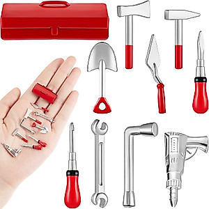 10 Pieces Mini Dollhouse Tool Set Mini Doll House Repair Multi Tool Include A Red Tin Box, 4 Outdoor Tools and 5 Repair Tools, Funny Mini Party Dollhouse Decoration Accessories