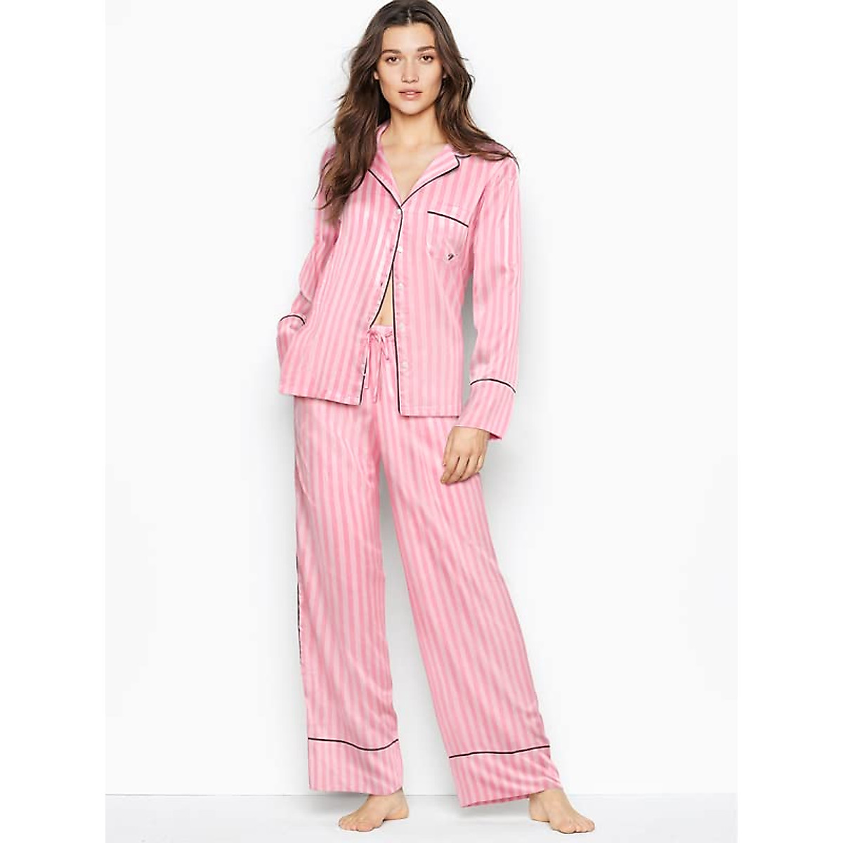 Victoria's Secret Silky Satin Two Piece Long Pajama Set, Satin Fabric, Unlined, Women's Pajamas, Pink (M)