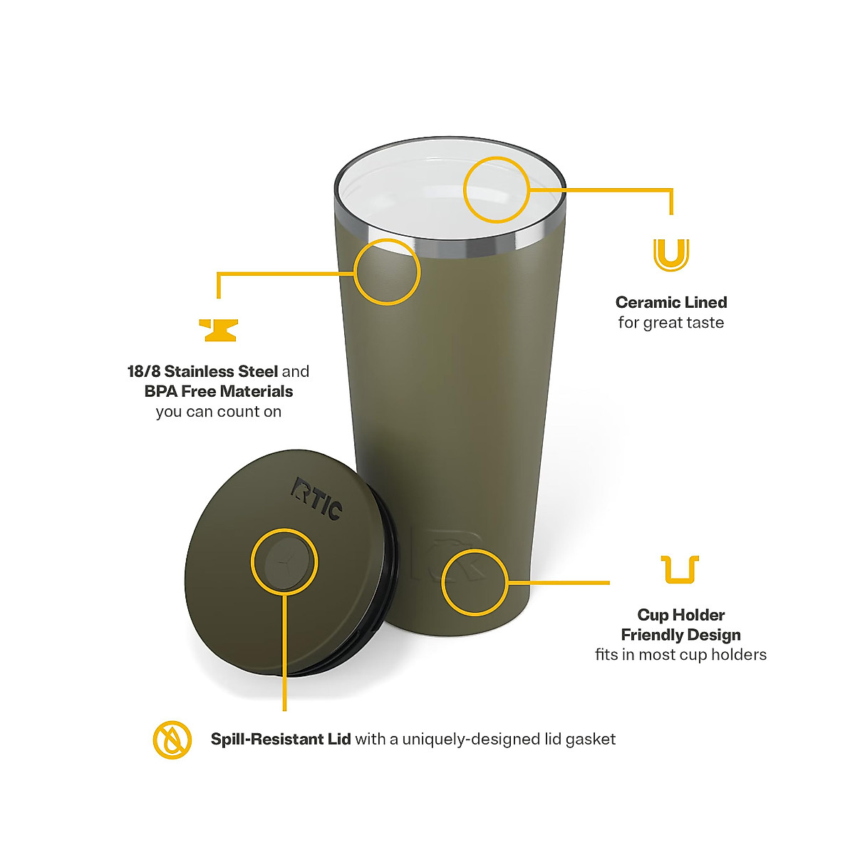 RTIC 20oz Everyday Tumbler Insulated Stainless Steel Portable Travel Coffee Cup with Straw, Spill-Resistant Lid, BPA-Free, Hot and Cold Drink, Ceramic Lining, Olive