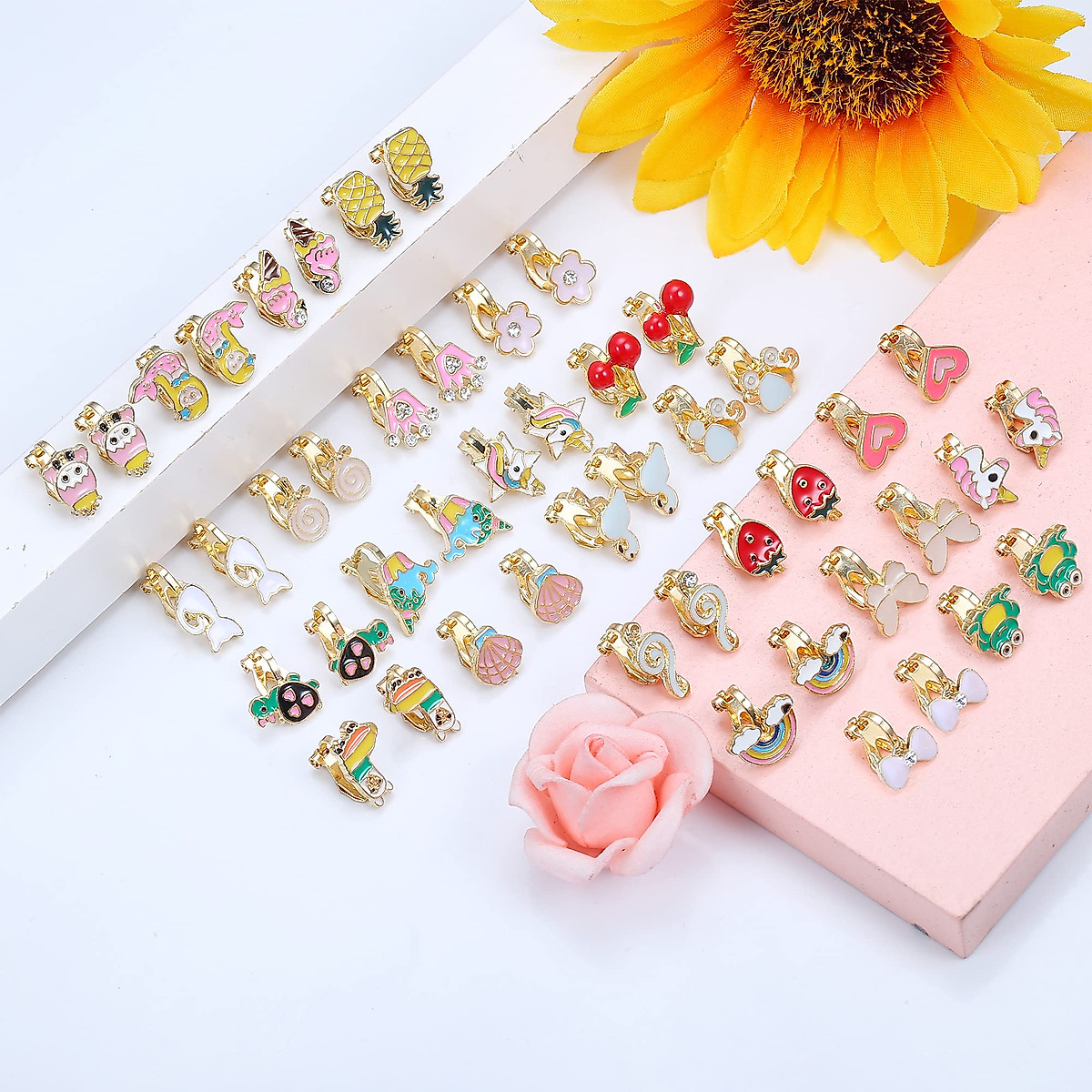 Subiceto 24 Pairs Cute Clip on Earrings for Women Cute Animal Flower Butterfly Colorful Clip-on Earrings Set Pink Flower