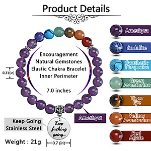 Top Plaza Amethyst Healing Crystal Stone Bead Bracelet 7 Chakra Reiki Yoga Gemstone Beaded Bracelets Inspirational Message Charm Bracelet for Women Men