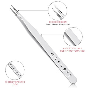 Makartt 2Pcs Straight Nail Tweezers Probe Tips Metal Precision Tweezers for Nail Art Picking Gems Rhinestones Acrylic Gel Stickers Eyelash Extensions Nail Tools