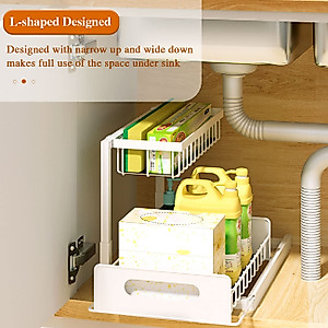 Under Sink Organizers and Storage Pull Out Cabinet Organizer and Storage Metal 2 Tier Under Sink Drawer Organizer Bottom Drawer Slide Out Under Sink Storage Shelf For Kitchen Bathroom, White