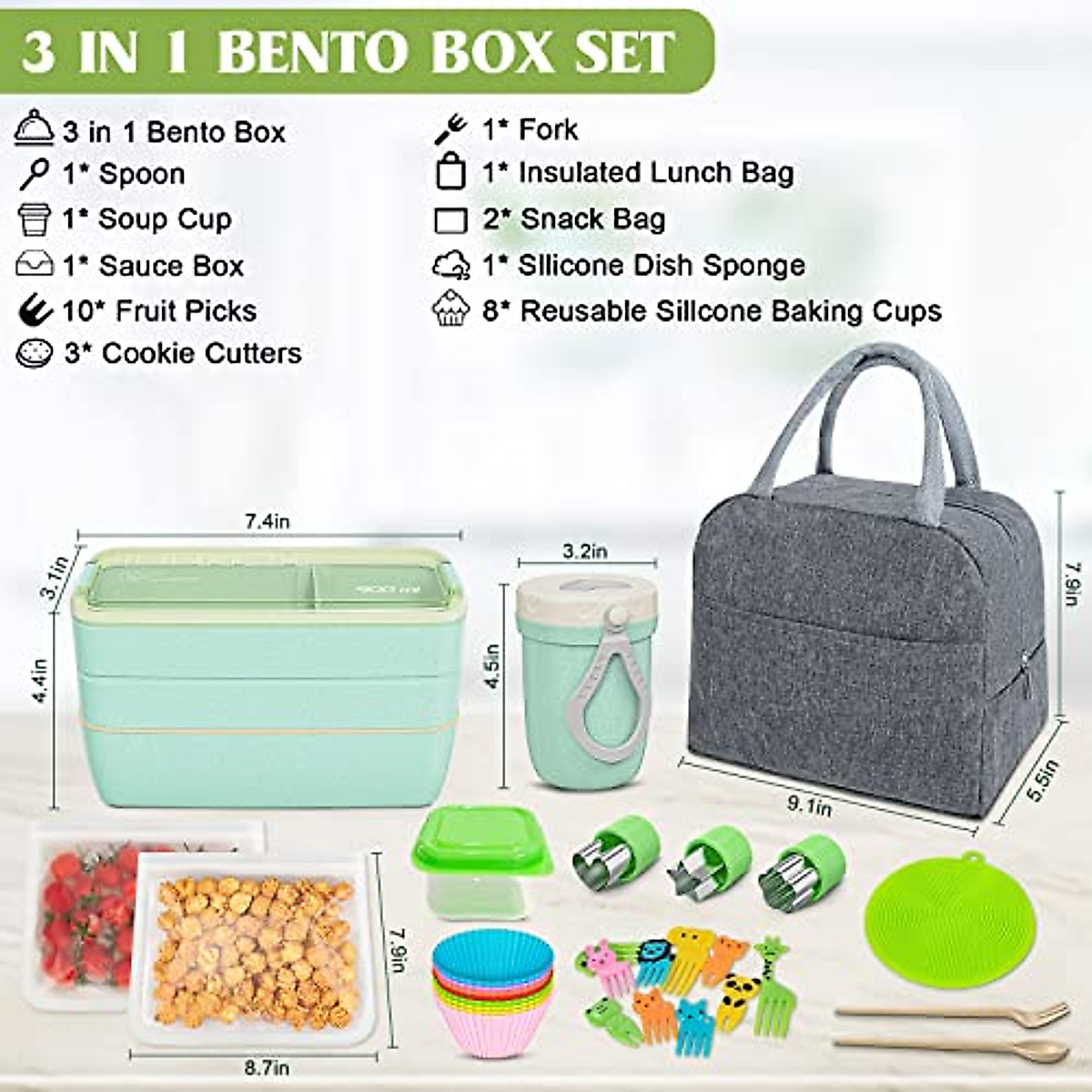 Korlon 30 Pcs Bento Box Adult Lunch Box Kit, 3-In-1 Compartment Japanese Lunch Box Kids with Spoon & Fork, 3 Layer Stackable Lunch Containers for Adults
